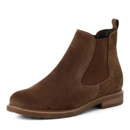 Tamaris Damen Chelseaboots Blockabsatz, Stiefelette mit Anziehlasche, schmale Form braun 41