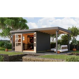 Karibu Gartenhaus &raquo;Langesee 6 mit Anbaudach&laquo; aus hochwertiger nordischer Fichte mit wasserabweisender Profilierung grau Holzwerkstoff ohne Fu&szlig;boden, ohne 