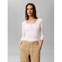 Damen Langarmshirt "LS WOVEN LABEL 2X2 RIB SCOOP NEC", wei&szlig;, Gr. M, Calvin Klein Jeans, Web, Obermaterial: 95% Baumwolle, 5% Elasthan, Shirts, Mit
