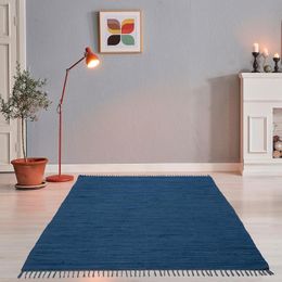 Theko Teppich &raquo;Happy Cotton Fleckerl, handgewebt&laquo; rechteckig 5 mm H&ouml;he Flachgewebe, reine Baumwolle, meliert, mit Fransen, auch als L&auml;ufer blau 