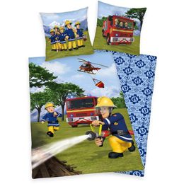 Feuerwehrmann Sam Kinderbettw&auml;sche &raquo;&laquo; 2 Stk. mit L&ouml;schzug und Helikopter blau Renforc&eacute;, Obermaterial: 100% Baumwolle B/L: 135cm x 200cm, 1 Stk., 1 Stk., Renforc&eacute;, B/L: 