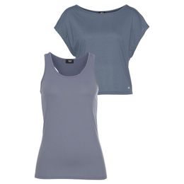 H.I.S. H.I.S Damen Trainingsshirt &raquo;2-tlg. Set: Shirt & Top&laquo; Set, 2, Kurzarm, Rundhals, aus Polyester und Viskose, mit stylischen Badges blau 34