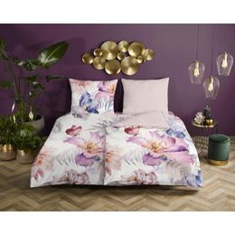 Descanso Wendebettw&auml;sche &raquo;Caen&laquo; 2 Stk. Baumwolle, Satin, 135x200, Biese, Rei&szlig;verschluss, Wende, Blumen, Natur beige Satin (Bio-Baumwolle), Obermaterial: 100% 