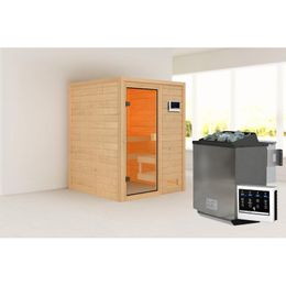 Karibu Sauna &raquo;"Sandy" mit bronzierter T&uuml;r SET, naturbelassen, mit Ofen 9 kW&laquo; aus hochwertiger nordischer Fichte beige Bio-Kombiofen, externe Steuerung, 400 