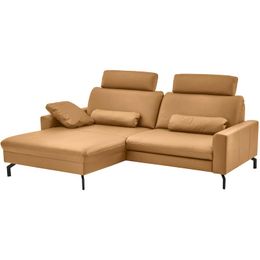Die PlanBar Ecksofa &raquo;PN-EM20028 L-Form mit Kopfst&uuml;tzen&laquo; wahlweise mit motorischem Canape gelb B/H/T: 248cm x 114cm x 179cm, Glattleder TORRO, Ottomane