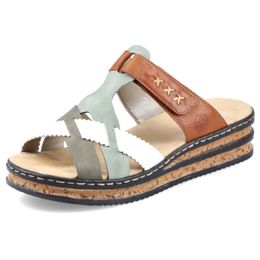 Rieker Damen Pantolette, Gr. 37, bunt, Lederimitat, Schuhe, Keilabsatz, Sommerschuh, Schlappen mit praktischem Klettriemchen
