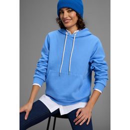 Delmao Damen DELMAO Kapuzensweatshirt, Angeraute Baumwollmischung mit Kapuze und K&auml;ngurutasche blau 40/42