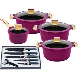 King Topf-Set &raquo;GOURMET&laquo; Set, je 1 Kochtopf 18/20/24 cm, 1 Stieltopf 16 cm, Messer-Set, 14 Stk. tlg. Aluminiumguss lila Einheitsgr&ouml;&szlig;e