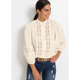 bonprix Damen Spitzenbluse, beige, Gr. 36, unifarben, Web, Obermaterial: 50% Lyocell, 50% Viskose. Spitze: 100% Baumwolle, Blusen, mit 3/4 Puff&auml;rmel,