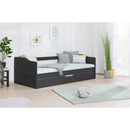 Ticaa Funktionsbett &raquo;Melinda, Daybett, Jugendbett, 2 Schlafpl&auml;tze, Schublade auf Rollen&laquo; 90x200cm, FSC -zertifizierte Kiefer, 2 Rollroste, Massivholz grau 