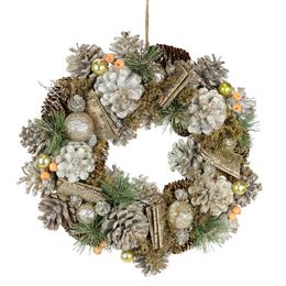 I.GE.A. Kunstkranz &raquo;Natur-Kranz Zapfen&laquo; Mit Christbaumkugeln Tanne Zapfen Beeren Weihnachtskranz Adventsdeko gold B/H/L: 32cm x 32cm x 8cm, 1 Stk.