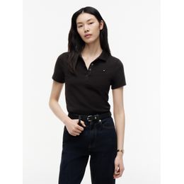 Tommy Hilfiger Damen Poloshirt "1985 SLIM PIQUE POLO SHORT SLEEVE", schwarz, Gr. L, unifarben, Piqu&eacute;, Obermaterial: 97% Baumwolle, 3% Elasthan,