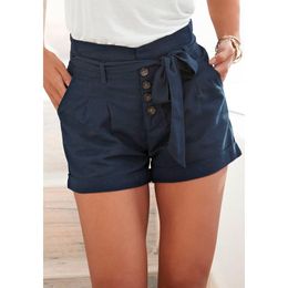 Lascana Damen Lascana Shorts &raquo;aus bequemer Webqualit&auml;t&laquo; mit Knopfleiste, kurze Hose, Leinenhose, Sommerhose blau 42, N-Gr