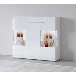 OTTO home Highboard &raquo;Toledo,Breite 147,5cm,trendige Hochkommode mit 3T&uuml;ren und Schublade&laquo; Hochschrank mit Glas-Partien,stylische Hochglanzfronten wei&szlig;
