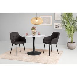 Hela Essgruppe &raquo;MOSEL&laquo; 3 Stk. tlg. Tisch 90x75 cm, Platte rund, gesinterter Stein, Armlehnenstuhl wei&szlig; Microfaser Webstoff