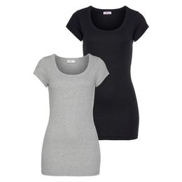 Flashlights Damen T-Shirt 2er-Pack, figurbetonter Schnitt, unifarben, Rundhalsausschnitt grau 52/54 (XXL)