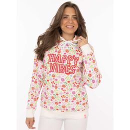 Zwillingsherz Damen Hoodie &raquo;"AOP Flower Happy Vibes"&laquo;, All-Over-Print, gestickter Schriftzug, Kapuze, elastische B&uuml;ndchen M