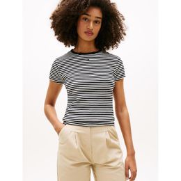 Tommy Jeans Damen Kurzarmshirt &raquo;TJW ESSENTIAL RIB SHORT SLEEVE EXT&laquo; Baumwollmischung in gerippter Struktur, Slim Fit schwarz-wei&szlig; L (40)