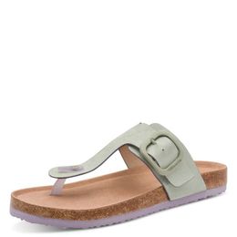 Tamaris Damen Zehentrenner Schlupfschuh, Flats, Bequemschuh, Hausschuh mit T-Logo gr&uuml;n 39