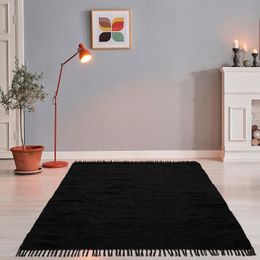 Theko Teppich &raquo;Happy Cotton Fleckerl, handgewebt&laquo; rechteckig 5 mm H&ouml;he Flachgewebe, reine Baumwolle, meliert, mit Fransen, auch als L&auml;ufer schwarz 
