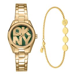 DKNY Damen DKNY Quarzuhr &raquo;Logo Watch Set&laquo; Armbanduhr, Damenuhr, Edelstahlarmband, Ideal auch als Geschenk gold Einheitsgr&ouml;&szlig;e
