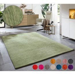 Theko Wollteppich &raquo;Holi&laquo; rechteckig 13 mm H&ouml;he Uni-Farben, leicht meliert, reine Wolle, handgewebt mit Kn&uuml;pfoptik gr&uuml;n Schurwolle B : 170cm 1 Stk., 