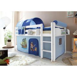 Ticaa Hochbett &raquo;Malte&laquo; mit Rollrost und in verschiedenen Ausf&uuml;hrungen wahlweise mit Matratze blau Mit Vorhang, Tunnel und Tasche, Liegefl&auml;che B/L: 90cm x 