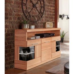 OTTO home Sideboard &raquo;Ribe,130cm breit,Fronten Massivholz,2T&uuml;ren mit geh&auml;rtetem Glaseinsatz&laquo; Korpus aus Holzwerkstoff, Metall Griffe,7 F&auml;cher, B&ouml;den 