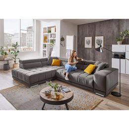 Die PlanBar Ecksofa &raquo;MP-IN15053 L-Form breiter Schenkel&laquo; wahlweise mit Kopfteilverstellung und manueller Vorziehbank grau B/H/T: 323cm x 73cm x 222cm,