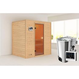 Karibu Sauna &raquo;"Sunie" mit bronzierter T&uuml;r, naturbelassen&laquo; aus hochwertiger nordischer Fichte braun Bio-Kombiofen, externe Steuerung, 230 kW