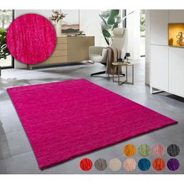 Theko Wollteppich &raquo;Holi&laquo; rechteckig 13 mm H&ouml;he Uni-Farben, leicht meliert, reine Wolle, handgewebt mit Kn&uuml;pfoptik pink Schurwolle B : 190cm 1 Stk., 