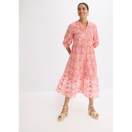 Bonprix Damen bonprix Midikleid aus Baumwolle, taillierte Passform, mit 3/4-&Auml;rmeln, ohne Kragen rosa 46, N-Gr