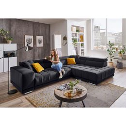 Die PlanBar Ecksofa &raquo;MP-IN15053 L-Form breiter Schenkel&laquo; wahlweise mit Kopfteilverstellung und manueller Vorziehbank grau B/H/T: 323cm x 73cm x 222cm,
