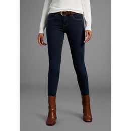 Arizona Damen Slim-fit-Jeans &raquo;Bund mit seitlichem Gummizugeinsatz&laquo; schmale Passform, R&ouml;hrenjeans, Used-Waschung, hohe Leibh&ouml;he blau 25, K + L Gr