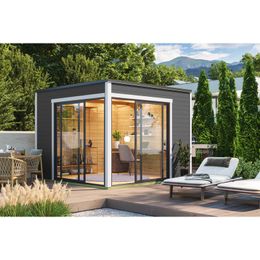 Nordic Holz Gartenhaus &raquo;Palermo 3&laquo; mit gro&szlig;en Glasfl&auml;chen grau Massivholz Fu&szlig;boden im Gartenhaus, ohne Dacheindeckung