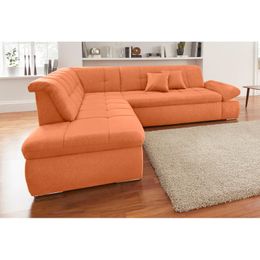 DOMO collection Ecksofa &raquo;NMORIC inkl. Zierkissen 273x216x80 cm L-Form&laquo; Ottomanen-Abschluss, wahlweise mit Bettfunktion und Armlehnverstellung orange 