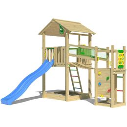 Jungle Gym Spielturm &raquo;Fortress&laquo; Spielanlage mit 2 T&uuml;rmen, Br&uuml;cke und Rutsche mit Wasseranschluss blau Holzwerkstoff Einheitsgr&ouml;&szlig;e