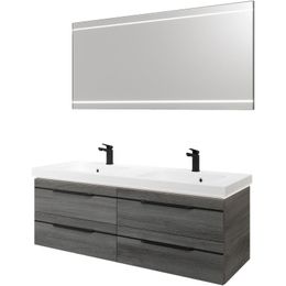 Badm&ouml;bel-Set &raquo;Balto 2-teilig Mineralmarmor-Doppelwaschtisch mit LED-Spiegel&laquo; 2 Stk. tlg. grau Holzwerkstoff B/H/T: 150cmcm x 200cmcm x 50,8cmcm,mit 