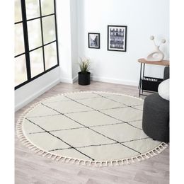 MyFlair Hochflor-Teppich &raquo;Moroccan Diamond&laquo; rund 24 mm H&ouml;he modern, marokkanisches Design, Rauten Muster, weich, mit Fransen schwarz-wei&szlig; Polyester, 