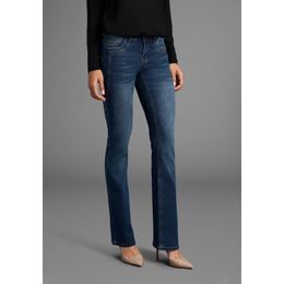 Arizona Damen Bootcut-Jeans &raquo;mit Keileins&auml;tzen&laquo; ausgestellte Beinform, niedrige Leibh&ouml;he, elastisches Material blau 48, N-Gr