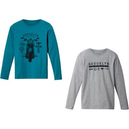bonprix Jungen bonprix Langarmshirt Packung, 2 Stk. bequeme Passform, mit Frontmotiv, f&uuml;r den Alltag blau 152/158