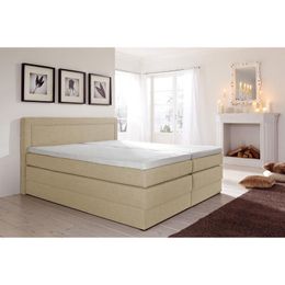 Hapo Boxspringbett mit Bettkasten beige Kopfteil, seitliche Unterbox und Obermatratze sind mit pflegeleichtem Feinstrukturstoff in Leinenoptik (100% 
