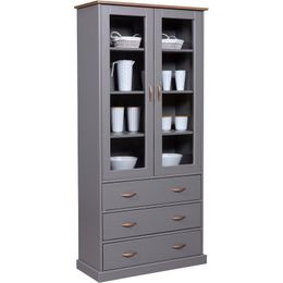 Inter Link Buffet Geschirrschrank im Landhausstil, BxTxH: 90 x 38,4 x 190 cm Massivholz, Sicherheitsglas Weiss, Braun, B/H/T: 90cm x 190cm x 38,4cm, Schubladen: 