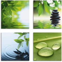 Artland Leinwandbild &raquo;Bl&auml;tter Wasser Zen Steinpyramide Tropfen&laquo; Zen 4 Stk. tlg. 4er Set, verschiedene Gr&ouml;&szlig;en gr&uuml;n Leinwand, MDF B/H/T: 30cm x 30cm, 