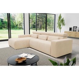 DOMO collection Ecksofa &raquo;BRANDON 289x177 cm, belastbar bis 140 kg/Sitz, L-Form&laquo; ohne Sitztiefenverstellung, Cord, creme beige Luxus-Microfaser in 