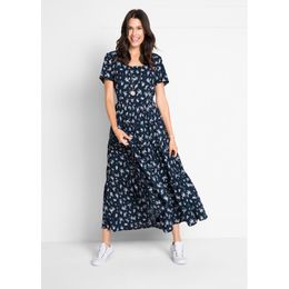 bonprix Damen bonprix Maxikleid aus reiner Baumwolle, Loose Fit, Kurzarm-Design, mit Allover-Muster blau 40, N-Gr