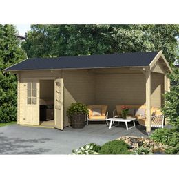 Lasita Maja Gartenhaus &raquo;Kenzo 300&laquo; Blockbohlenhaus 34mm mit Anbau beige Massivholz Fu&szlig;boden im Gartenhaus, R&uuml;ckwand, ohne Dacheindeckung