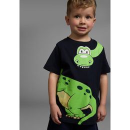 Kidsworld Jungen Kidsworld T-Shirt &raquo;Mit gro&szlig;em Druck: GREEN DINO&laquo; Kurzarm, Basic-Passform, bedruckt, Rundhalsausschnitt blau 140/146