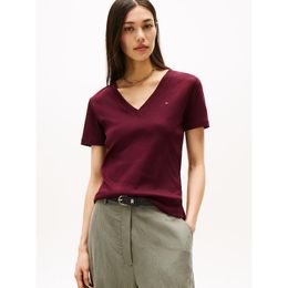 Tommy Hilfiger Damen T-Shirt &raquo;SLIM CODY V-NECK SHORT SLEEVE&laquo; aus Baumwolle, Logostickerei, gestreift rot L (40)