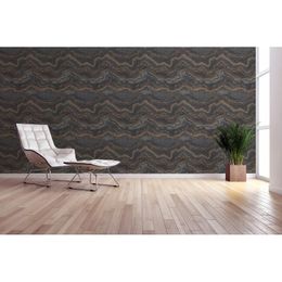 Livingwalls living walls Vliestapete &raquo;Stories of Life Tapete in Malachit Steinoptik Schwarz Gold&laquo; abstrakt gl&auml;nzend organisch gepr&auml;gt Metallic Design Vliestapete 